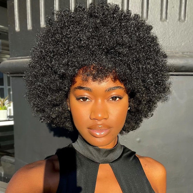 ISEE Short Bob Fluffy Afro Curly Human Hair Wig With Bangs Natural ...